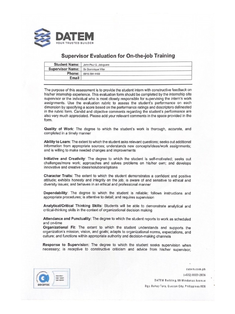 Operation Supervisor Evaluation Form | PDF