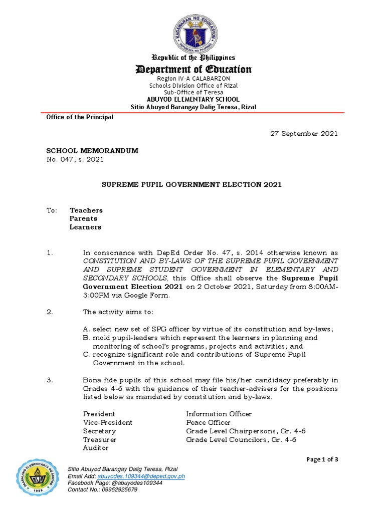 2021 School Memorandum 47 Election of SPG Officer | PDF | Government