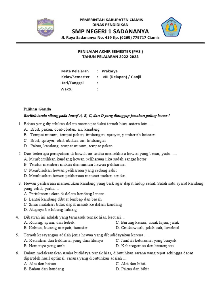 Soal PAS Prakarya Kelas 8 SMT Ganjil | PDF | Griya & Taman