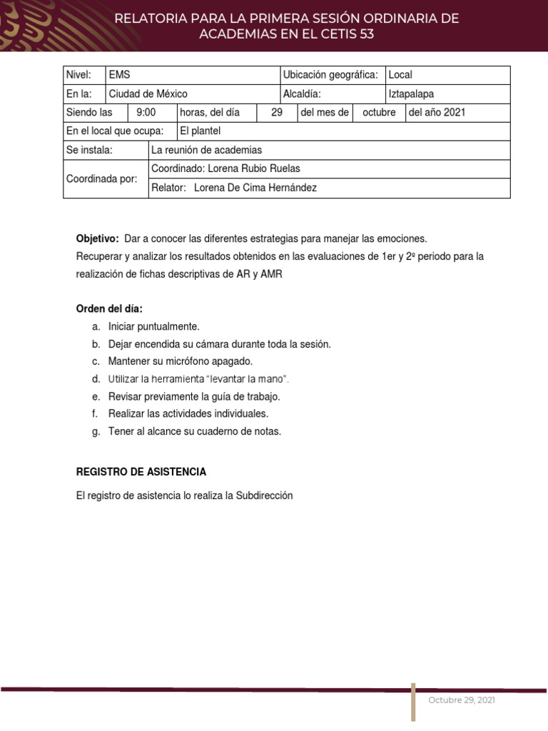 RELATORIA Formato 1a Sesion de Academias | PDF | Maestros | Enseñando RELATORIA Formato 1a Sesion de Academias | PDF | Maestros | Enseñando