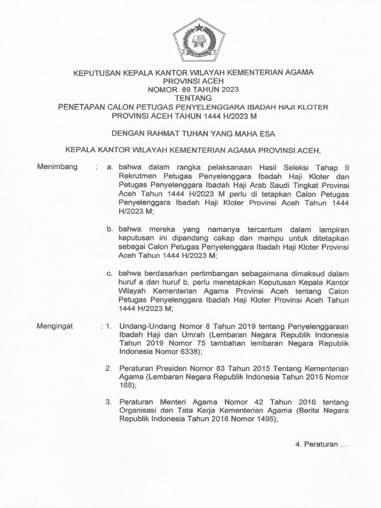 SK Penetapan Calon PPIH Kloter 2023 | PDF