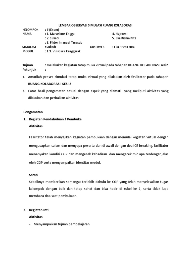 Lembar Observasi Simulasi Ruang Kolaborasi | PDF