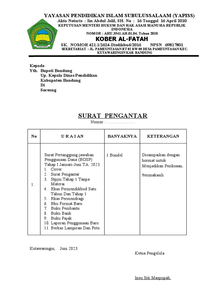 Surat SPJ Penggunaan Dana BOSP 2023 | PDF