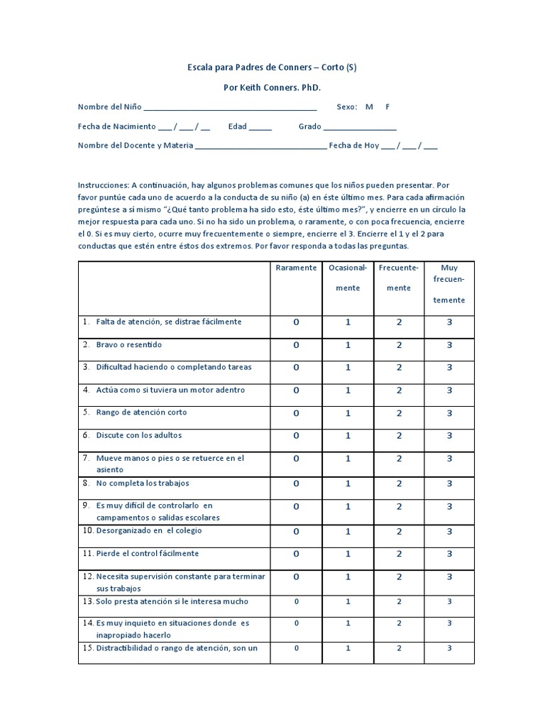 Escala para Padres de Conners | PDF
