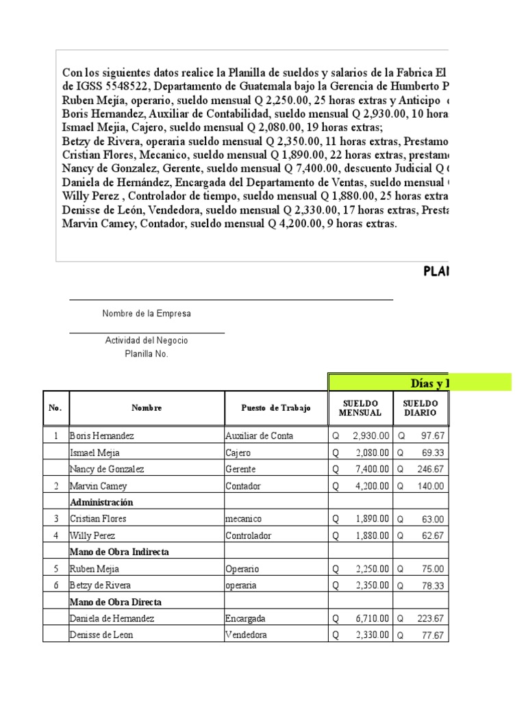 Planilla de Sueldos y Salarios Ejemplo | PDF