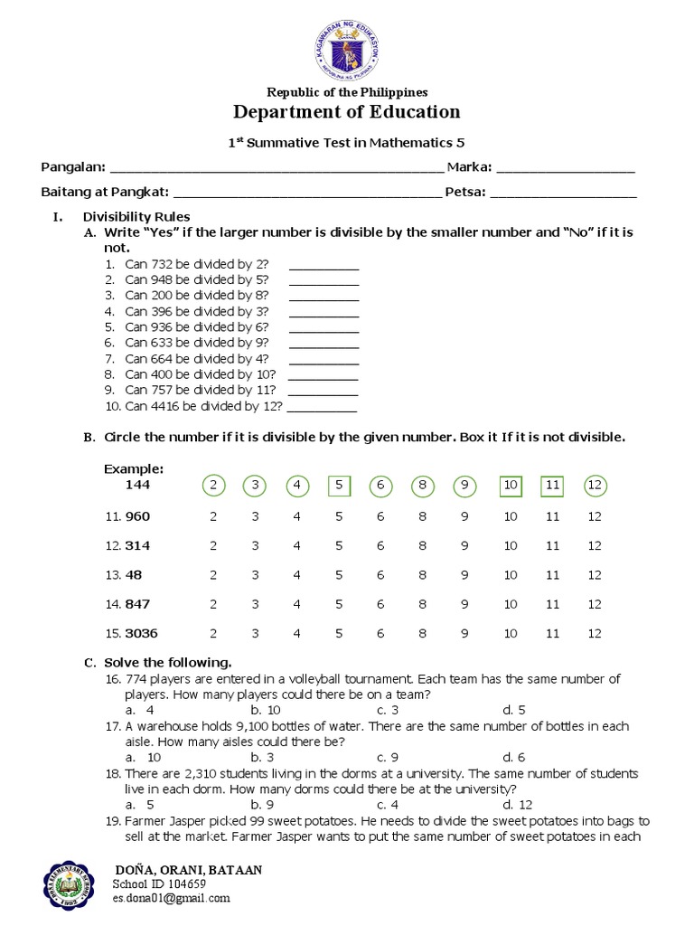 1st Summative Test in Math 5 | PDF | Mathematics