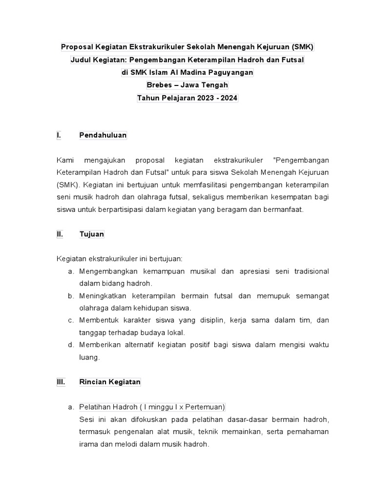 Proposal Kegiatan Ekstrakurikuler Sekolah Menengah Kejuruan Ba | PDF