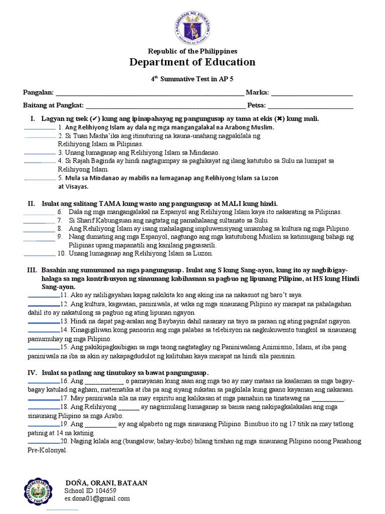 4th Summative Test in AP 5 | PDF