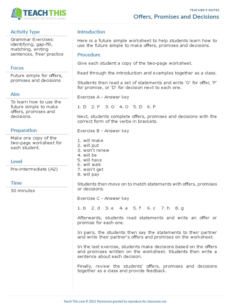 Future Simple: Offers and Promises Worksheet | PDF | Linguistics