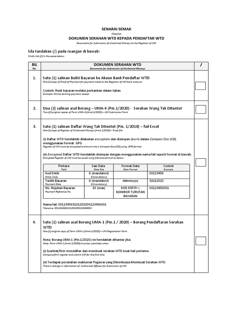 6. Senarai Semak Dokumen Serahan WTD (Edisi 2022) | PDF