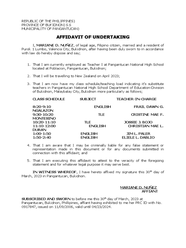Affidavit of Undertaking - Going Abroad | PDF