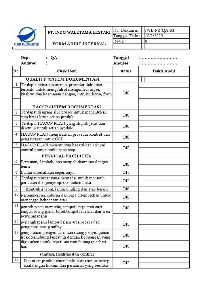 Form Audit Internal (Iwl-Fr-Sh-03) | PDF
