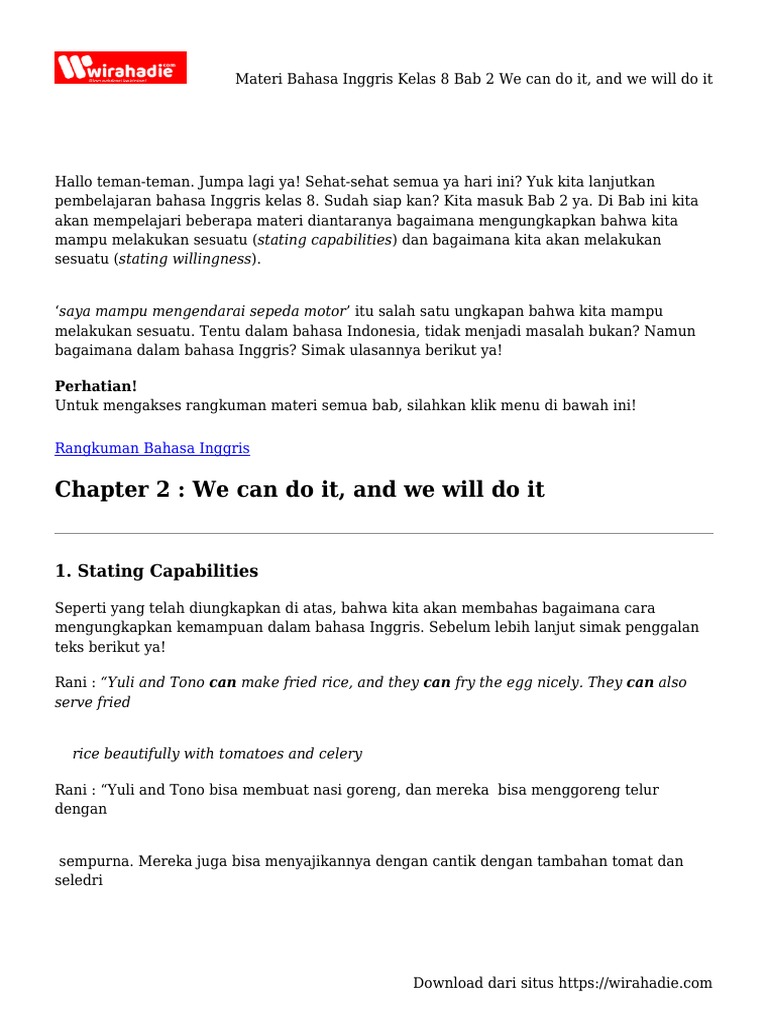Materi Bahasa Inggris Kelas 8 Bab 2 We Can Do It, and We Will Do It | PDF
