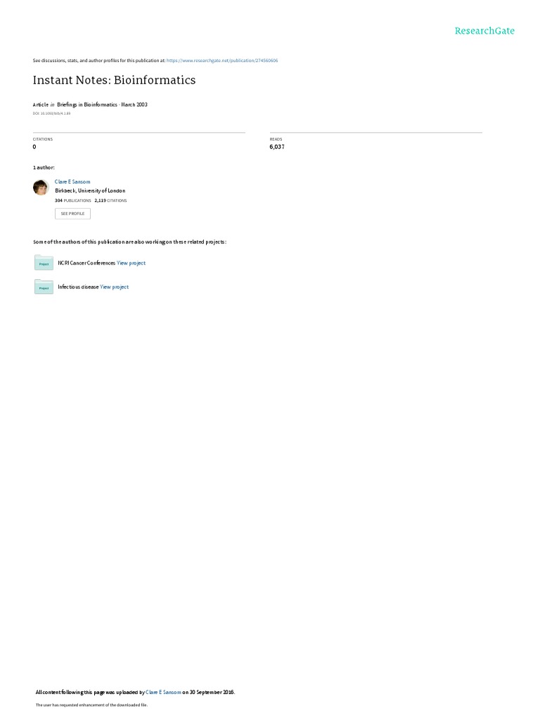 Instant Notes Bioinformatics | PDF