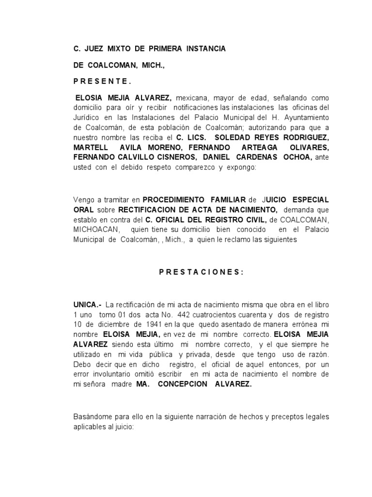 Formato de Demanda Rectificacion de Acta de Nacimiento Michoacan | PDF | Derecho