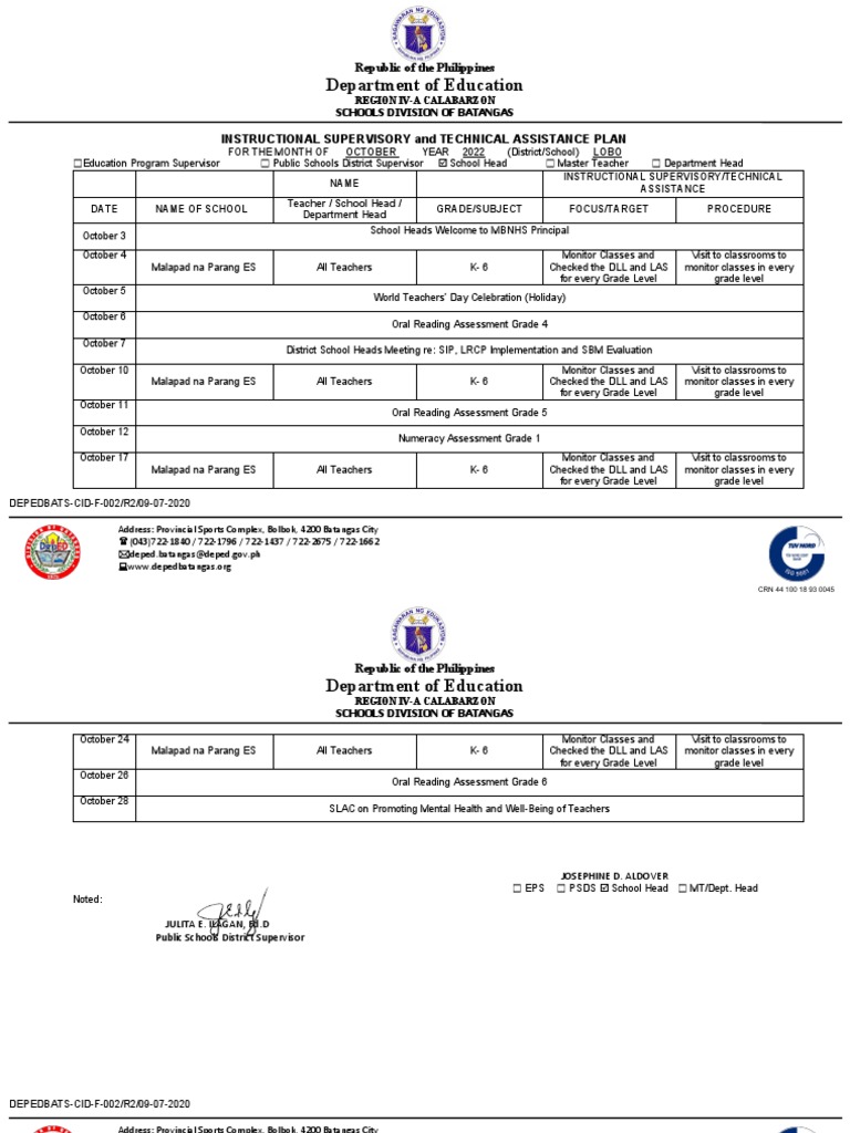 October 2022 Instructional Supervisory and Technical Assistance Plan MNPES | PDF | Cognition ...