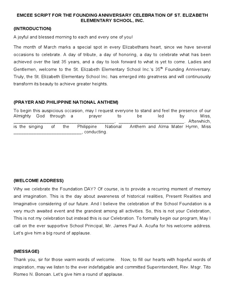 Emcee Script For The Founding Anniversary Celebration of ST | PDF