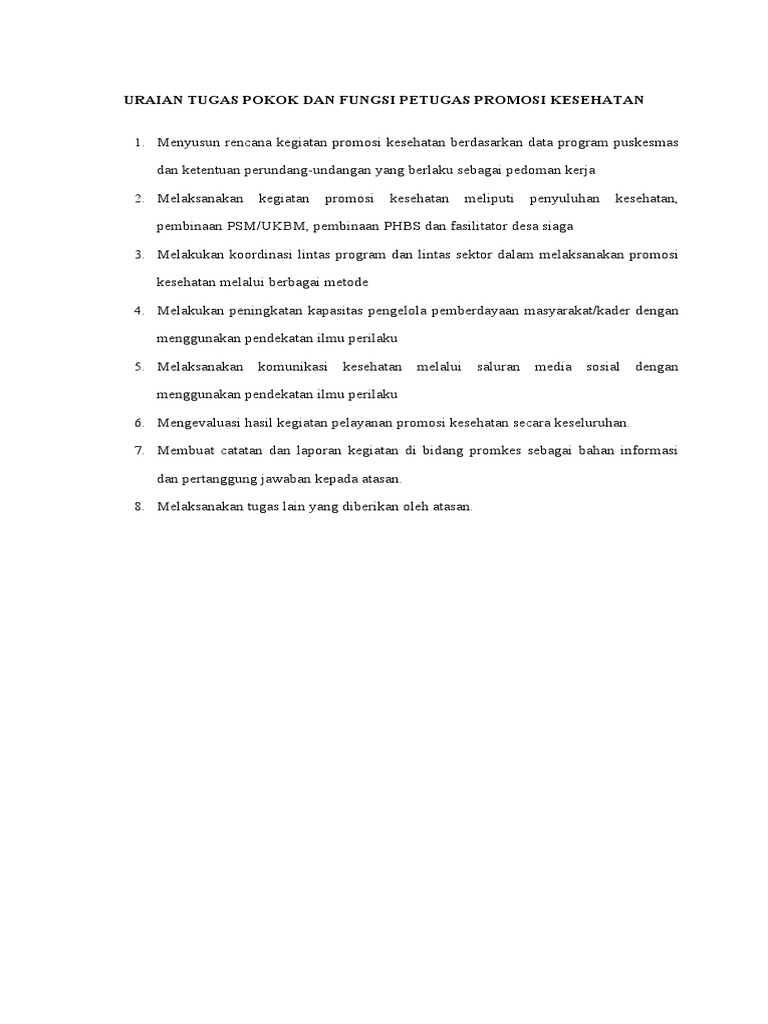 Uraian Tugas Pokok Dan Fungsi Petugas Promosi Kesehatan | PDF | Pengembangan Diri | Kesehatan ...