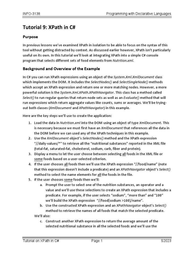 Info 3138 Tutorial 9 Xpath In C Sharp Pdf X Path Xml