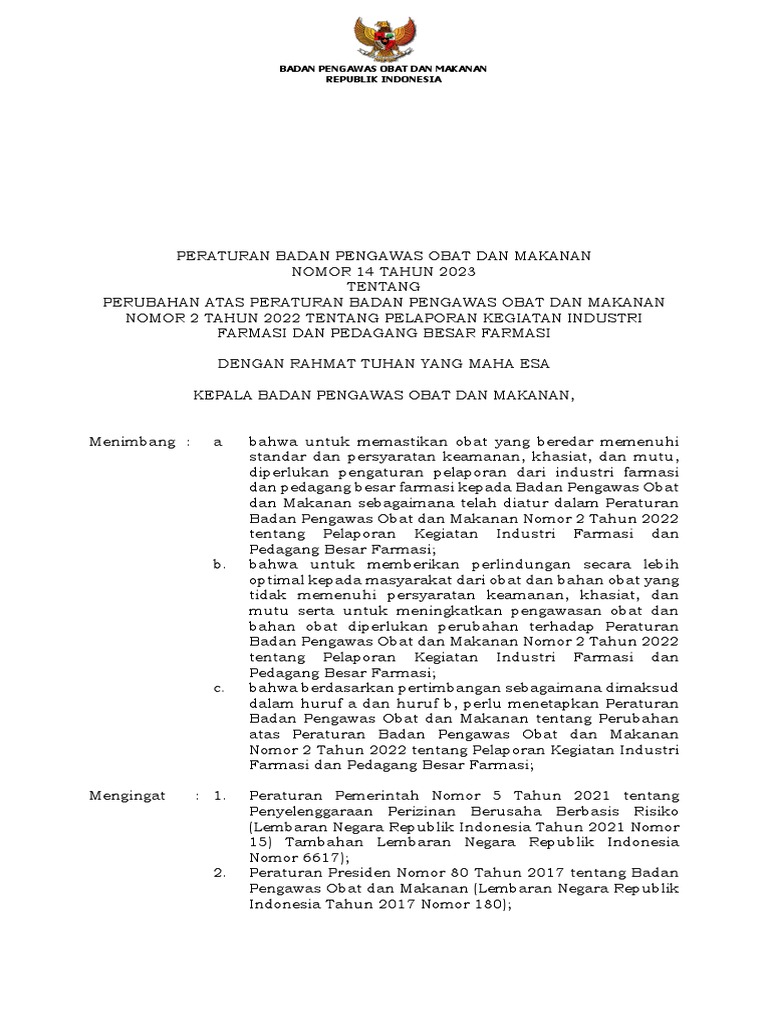 Peraturan Badan POM Nomor 14 Tahun 2023 | PDF
