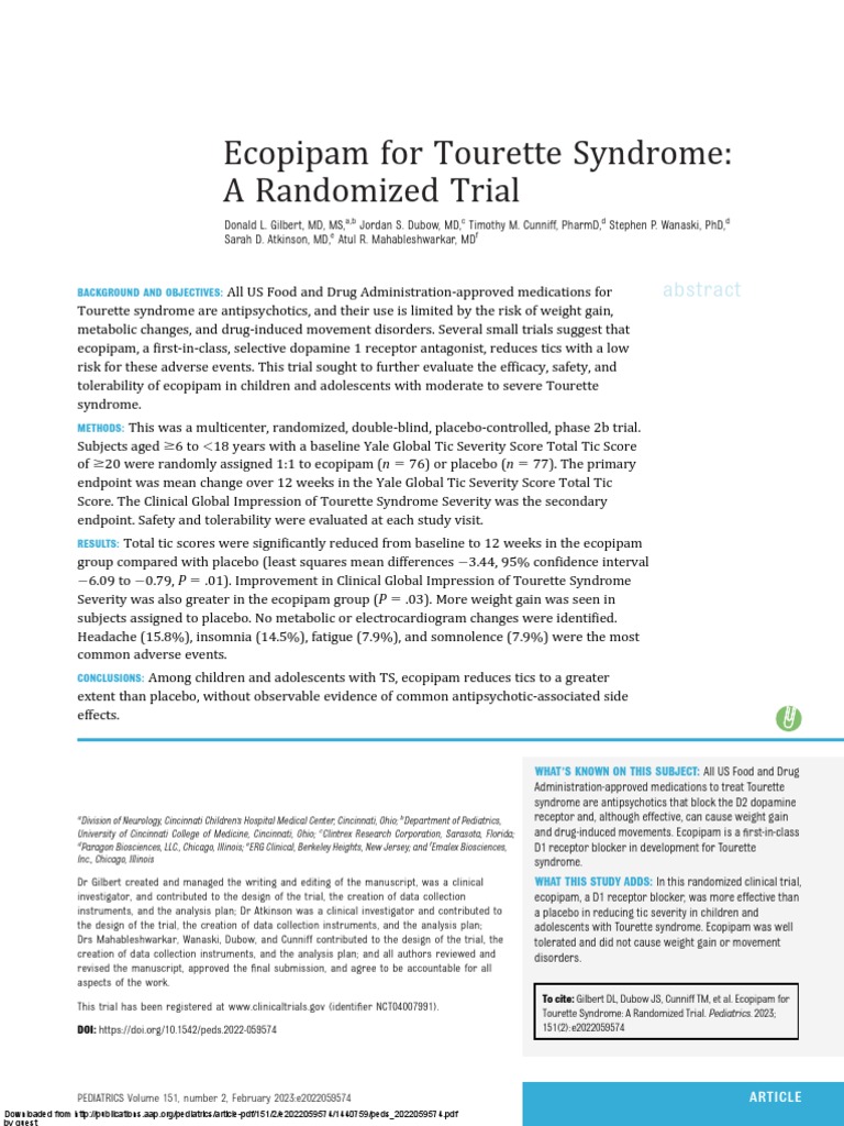 Ecopipam For Tourette Syndrome - A Randomized Trial | PDF ...