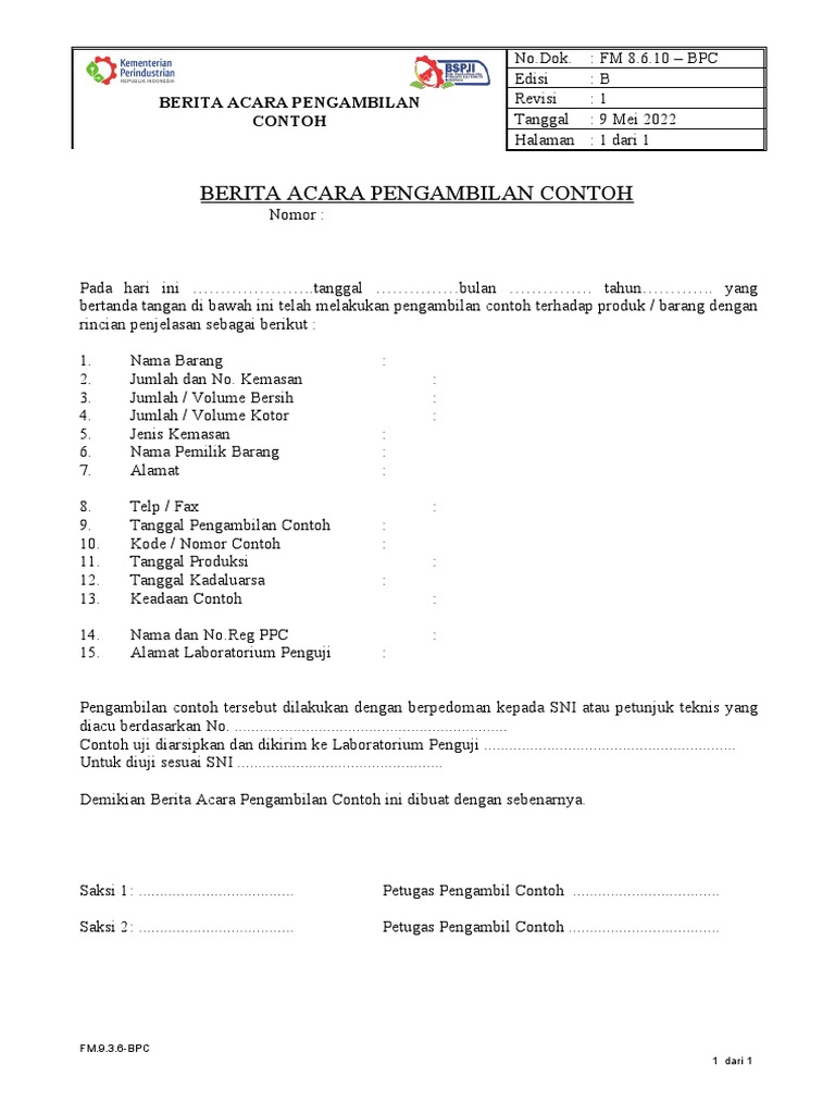 FM 8.6.10 - Rev 1 - BPC (Berita Acara Pengambilan Contoh) | PDF