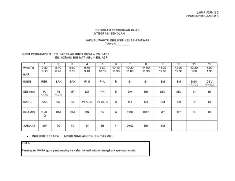 10_Jadual Waktu Inklusif Separa | PDF