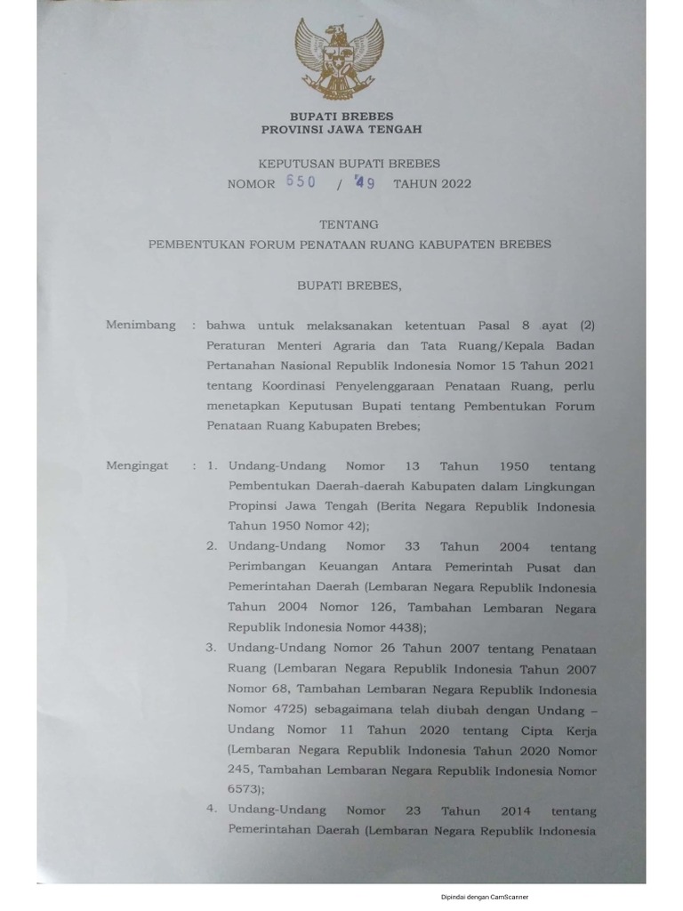 SK Bupati Brebes Nomor 650 - 49 Tahun 2022 Tentang Pembentukan Forum Penataan Ruang Kabupaten ...
