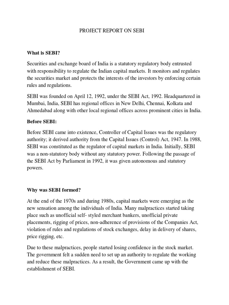 Project Report On SEBI | PDF