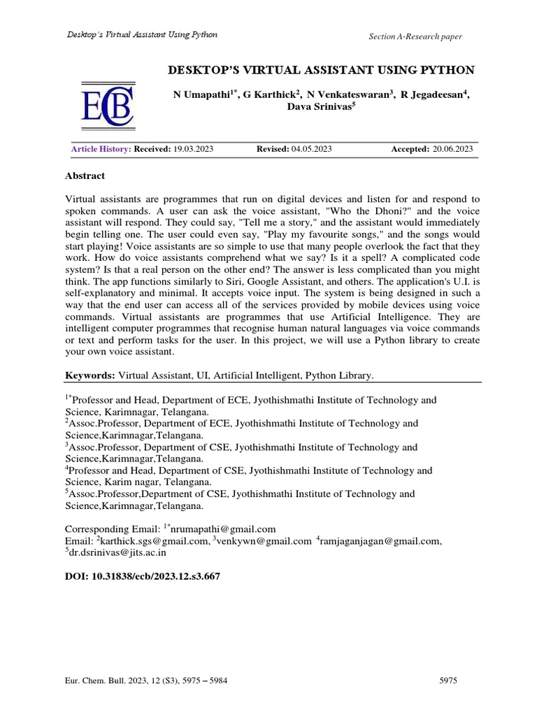 Desktop'S Virtual Assistant Using Python: N Umapathi, G Karthick, N ...