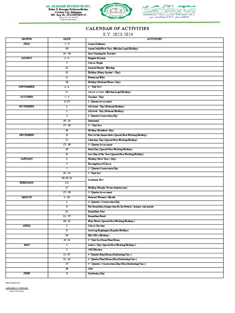 Calendar of Activities (S.y. 2023-20234) | PDF