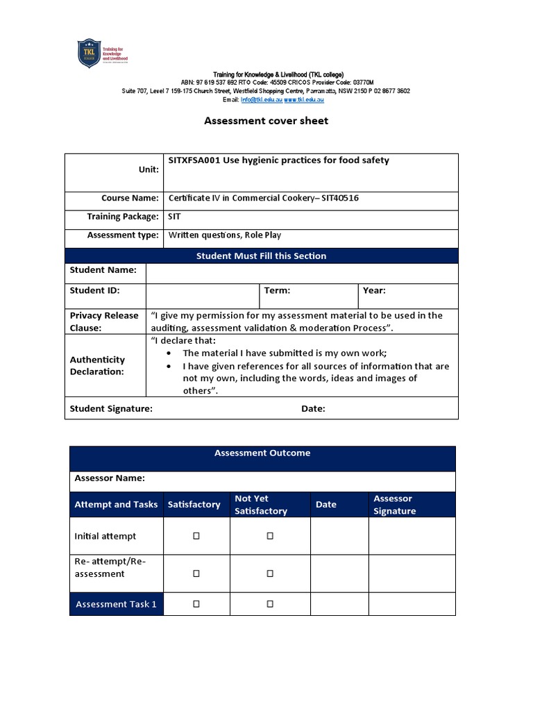 SITXFSA001 Student Assessment Tasks - Updated | PDF