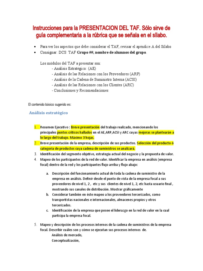 Guía de Contenidos para La ELABORACION DEL TAF | PDF | Logística | Gestión de la cadena de ...