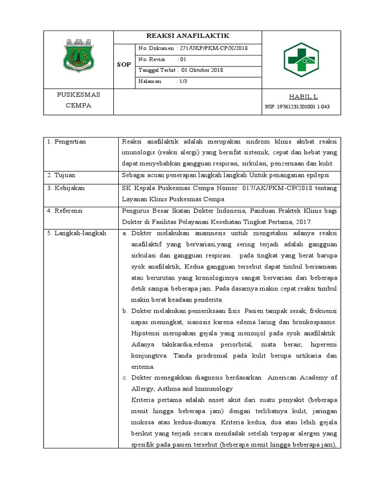 Sop Reaksi Anafilaktik | PDF