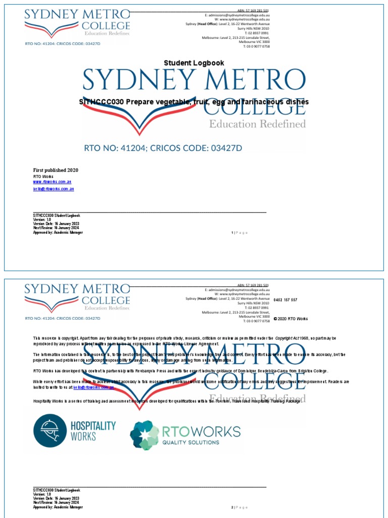 SITHCCC030 - Student Logbook - v1.0 | PDF