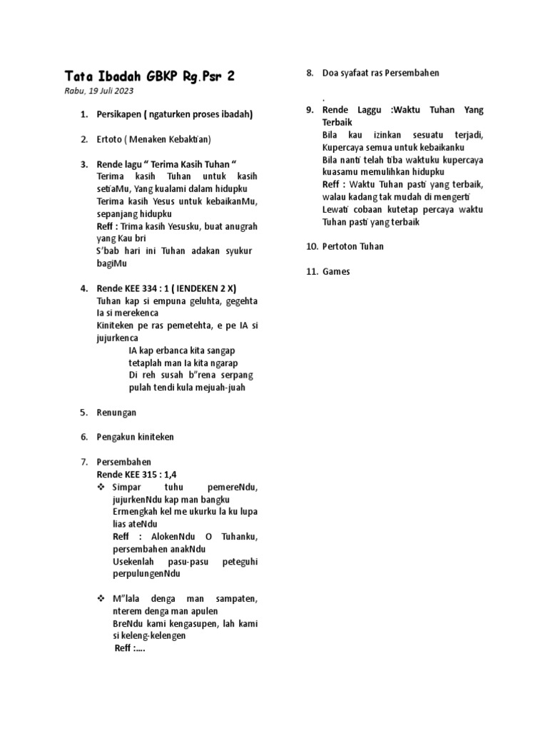 Tata Ibadah GBKP Rabu 19 Juli 2023 | PDF