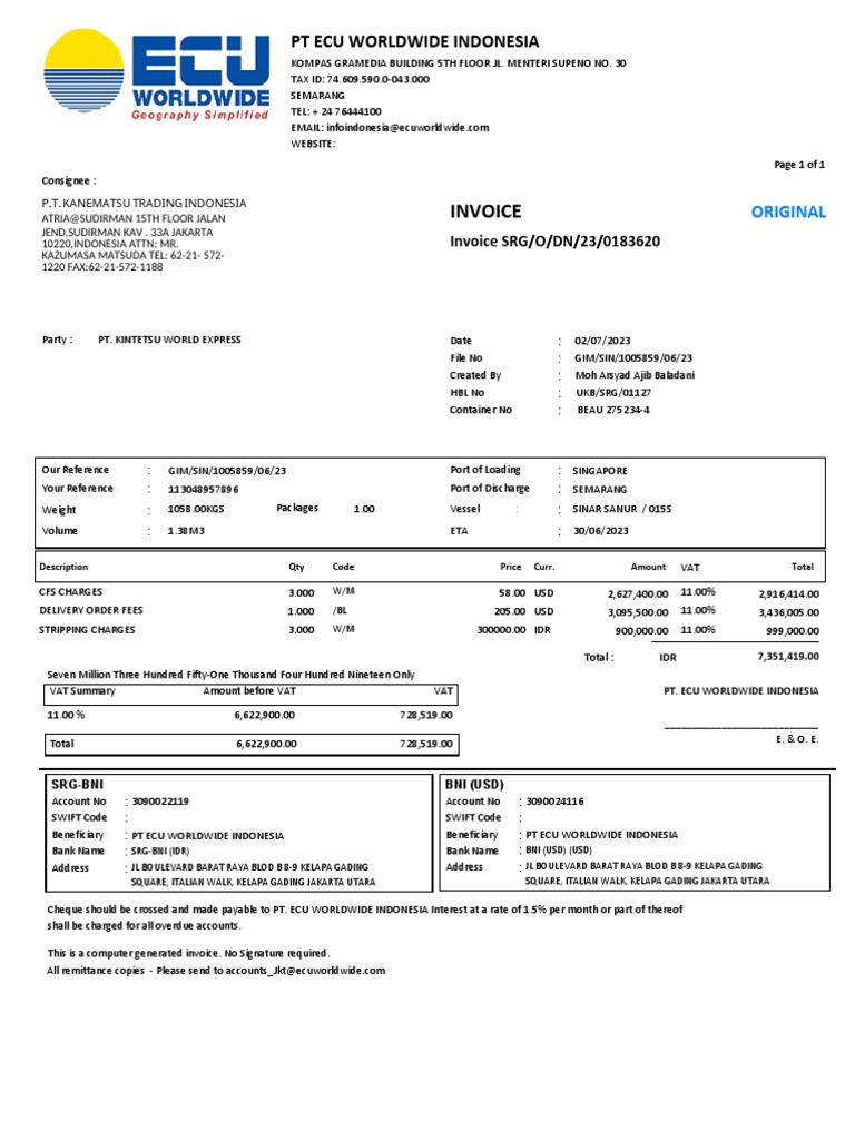 Invoice: PT Ecu Worldwide Indonesia | PDF | Government Finances | Taxes