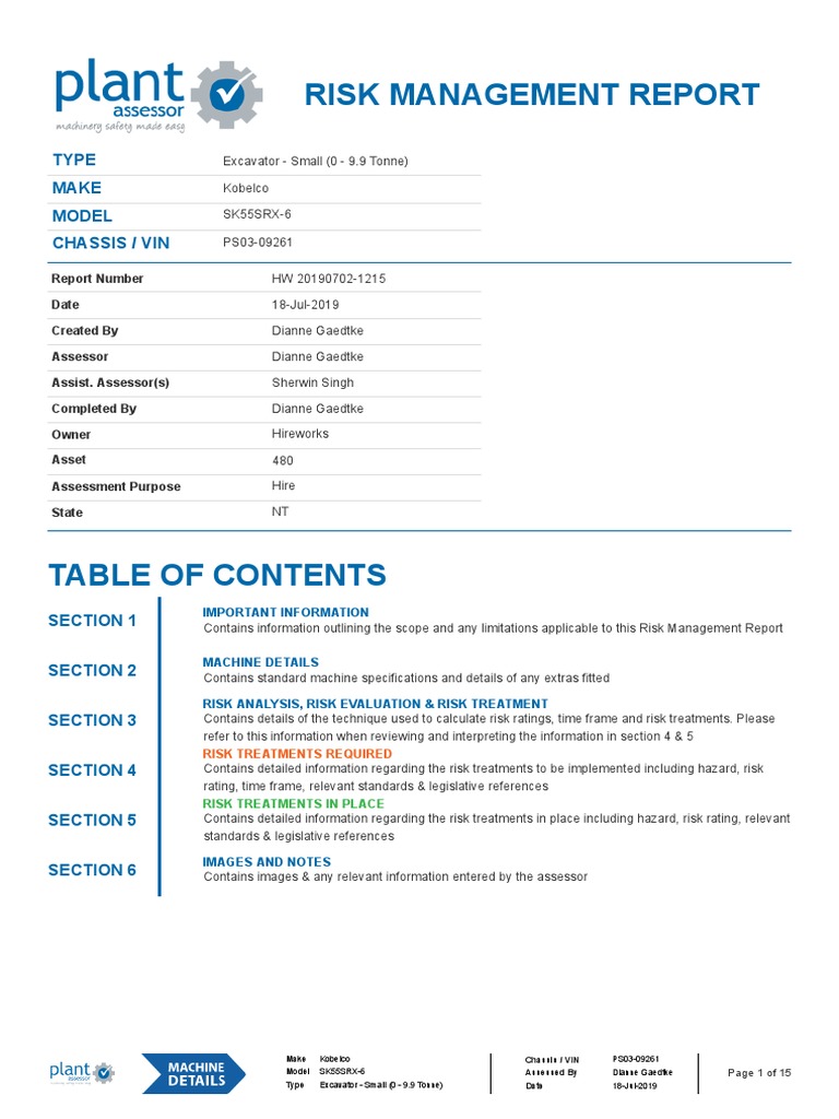480 5t Excavator Risk Assessment | PDF