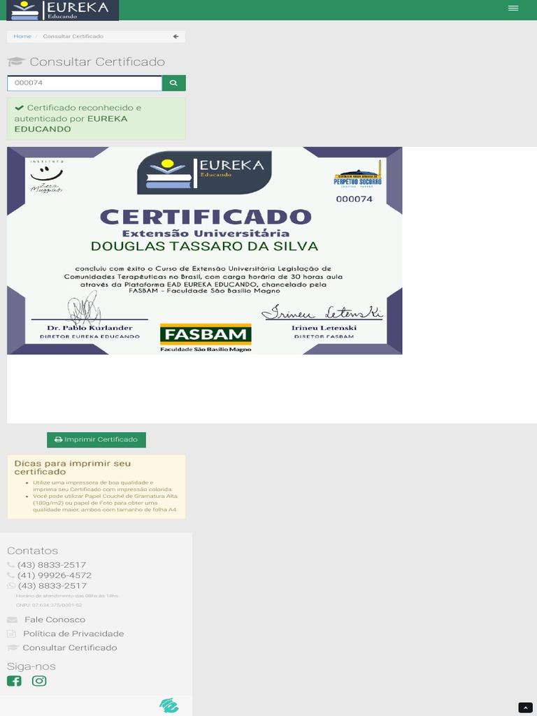 Certificado - Eureka Educando | PDF