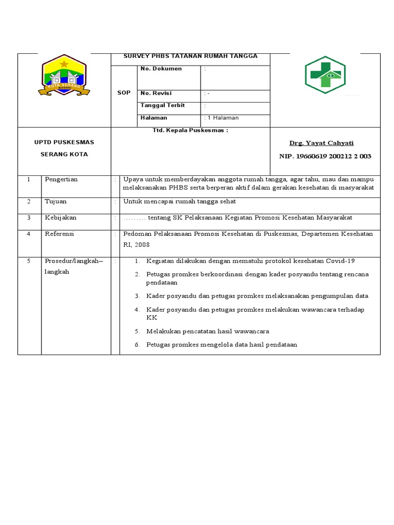 SOP Survey PHBS tatanan rumah tangga UPTD PUSKESMAS SERANG KOTA | PDF