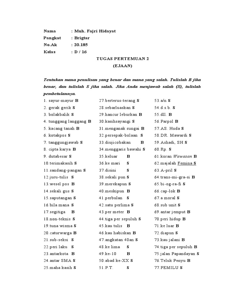 Tugas Pertemuan 2 Ejaan Bt. Muh Fajri Hidayat D 16 | PDF