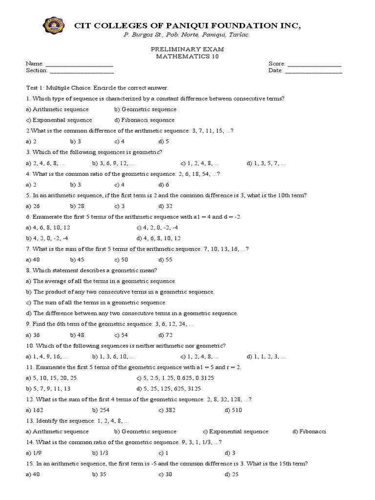 Sequence Exam Pdf Interest Elementary Mathematics 3890