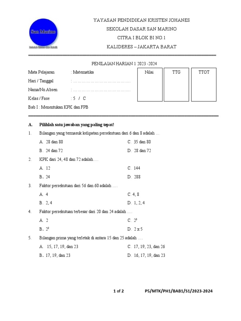 PH1 MTK Kelas 5 Sm1 2023 - 2024 | PDF | Metode & Bahan Ajar