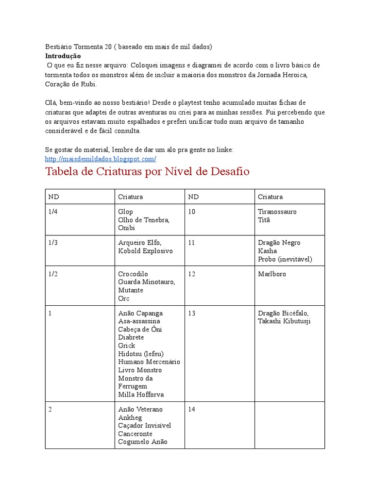 Cópia de Béstiario Tormenta 20 (Baseado em Mais de Mil Dados) | PDF Cópia de Béstiario Tormenta 20 (Baseado em Mais de Mil Dados) | PDF