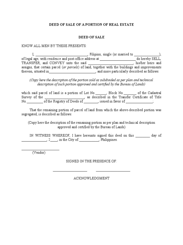 Deed of Sale of A Portion of Real Estate | PDF
