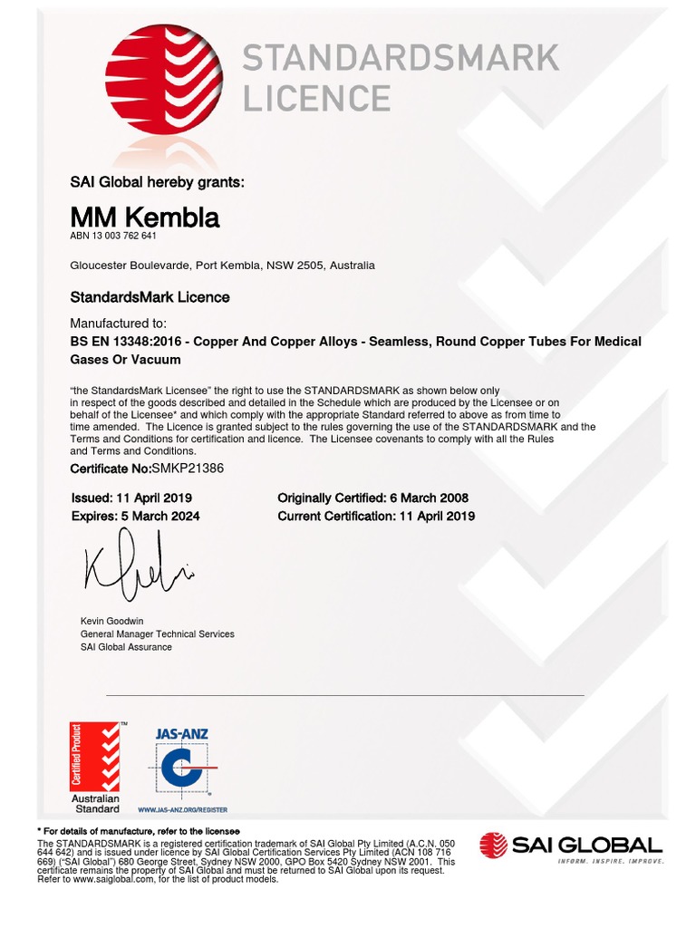 Standards Mark Licence BS en 13348 Copper Tube Certification 2019 | PDF