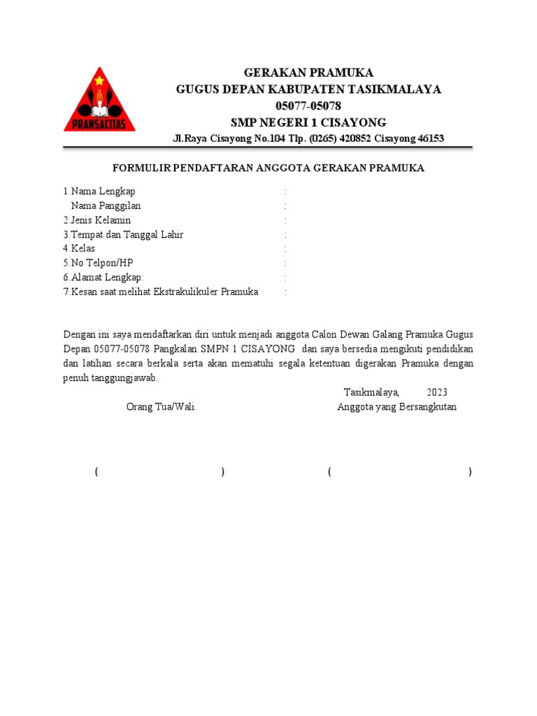 Formulir Pendaftaran Anggota Gerakan Pramuka | PDF