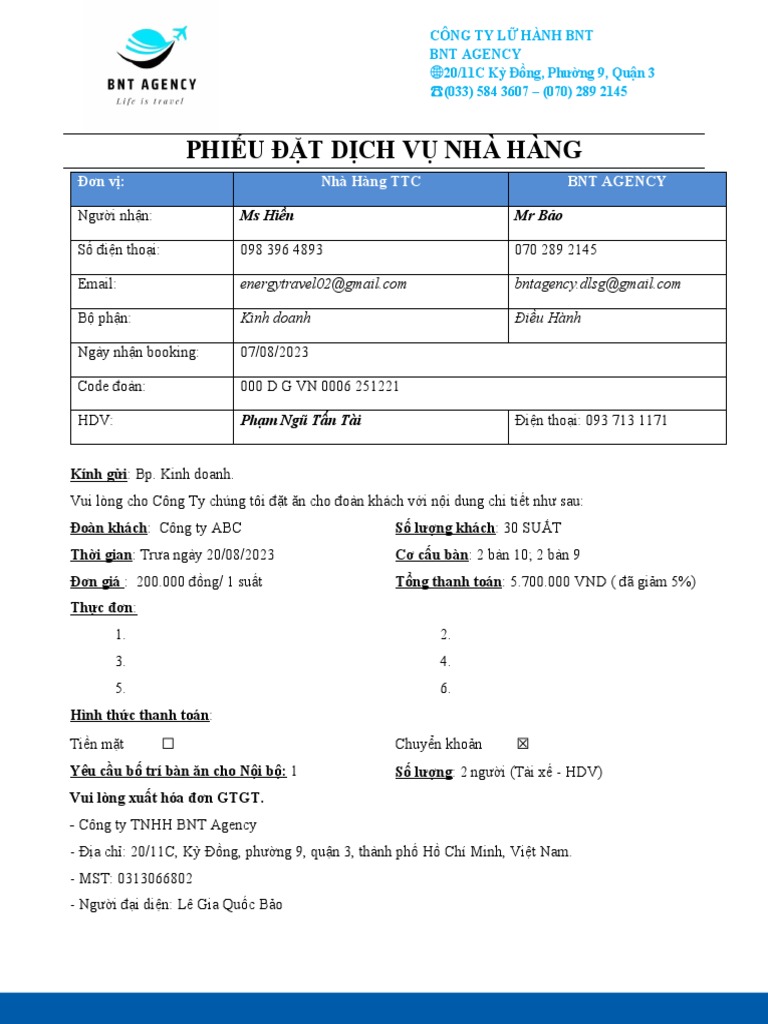 FORM ĐẶT NHÀ HÀNG TTC | PDF