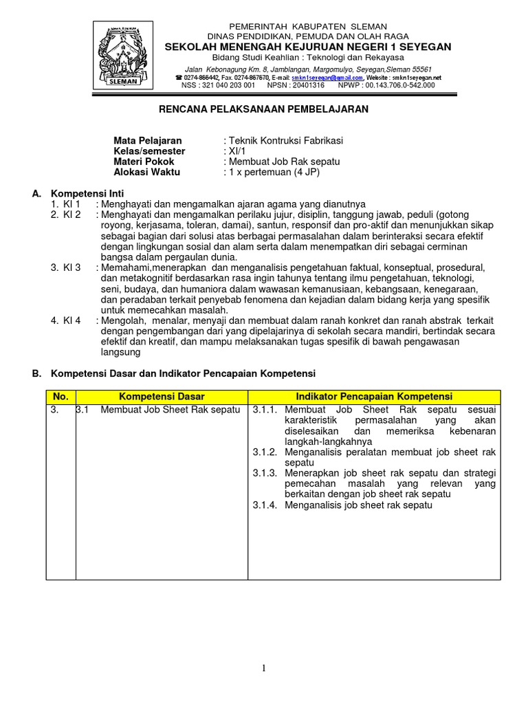 RPP-Teknik Kontruksi Fabrikasi-Pembuatan Job Sheet Rak Sepatu-XI TFL 2 | PDF