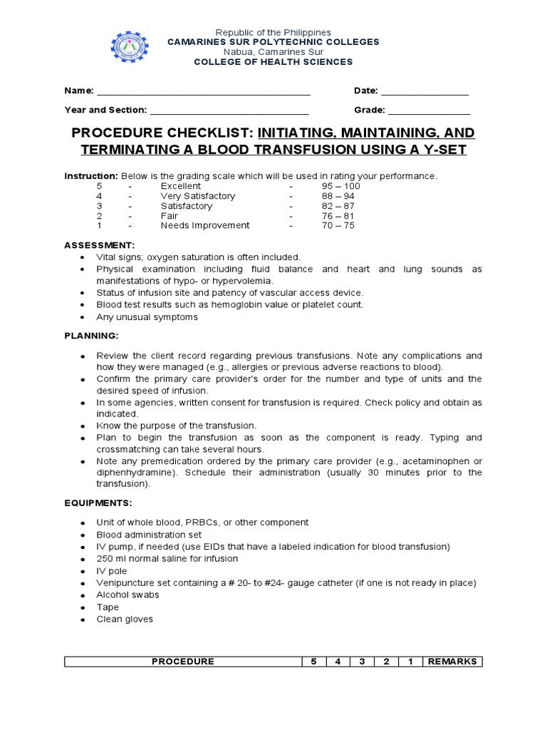 Blood Transfusion Procedure Checklist 2 | PDF | Blood Transfusion ...